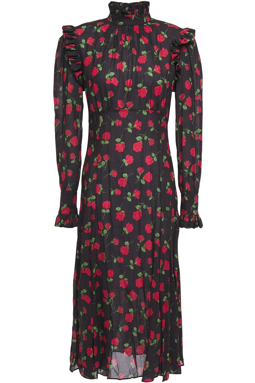 Michael Kors Collection Ruffle Trimmed Gathered Floral Print Crepe Midi