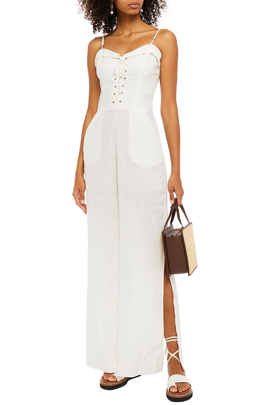 VIX PAULA HERMANNY Lace-up linen-blend wide-leg jumpsuit | THE OUTNET