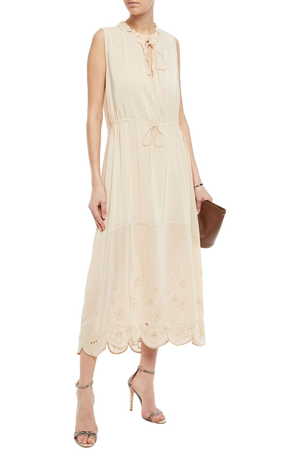 See By ChloÉ Gathered Broderie Anglaise Trimmed Crepe De Chine Midi