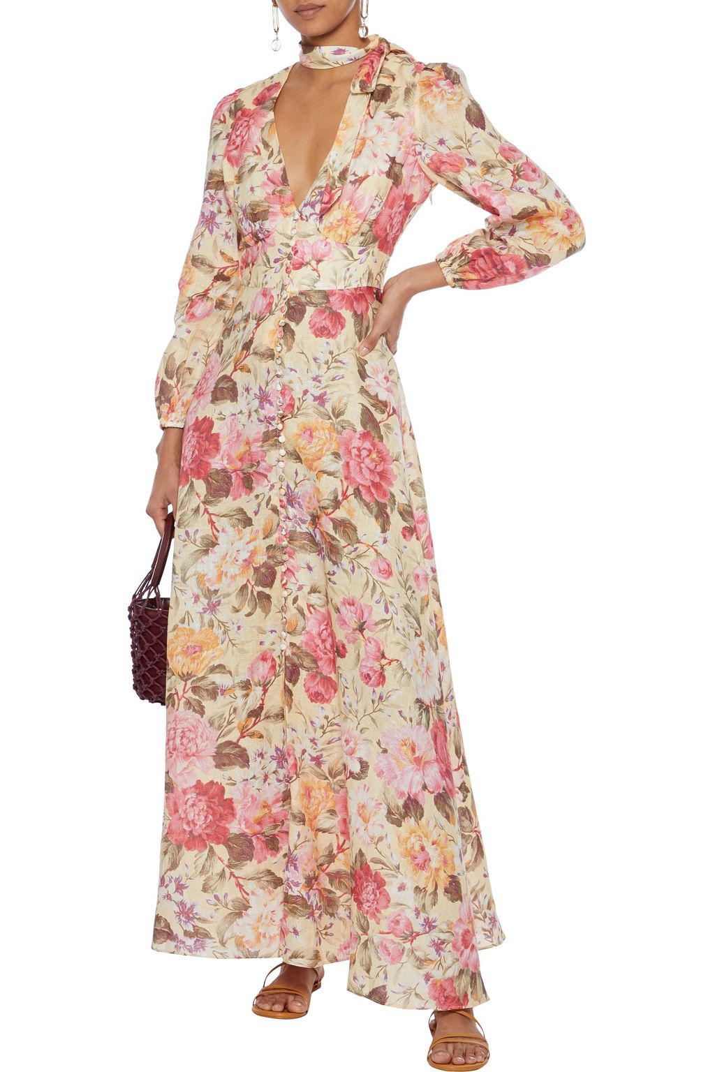 Zimmermann Honour Plunge Tie Neck Floral Print Linen Maxi Dress The