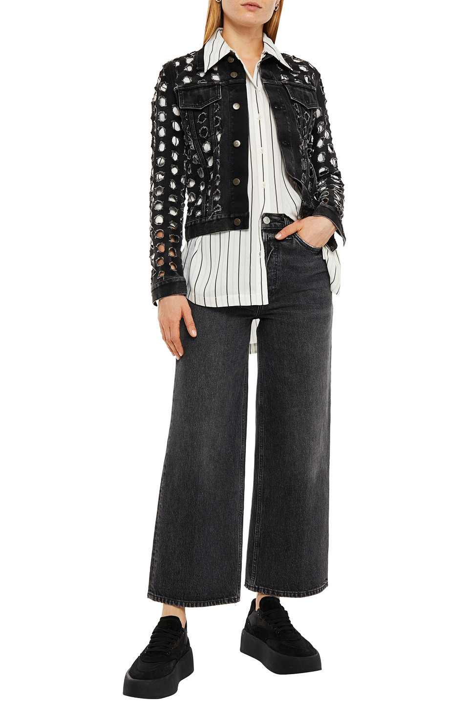 Maison Margiela Perforated Denim Jacket In Black | ModeSens