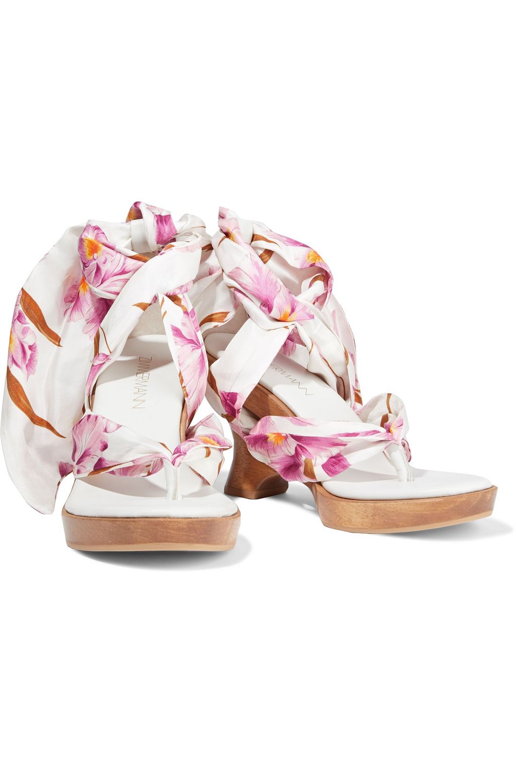 White Scarf Tie floral-print satin-twill and leather wedge sandals ...
