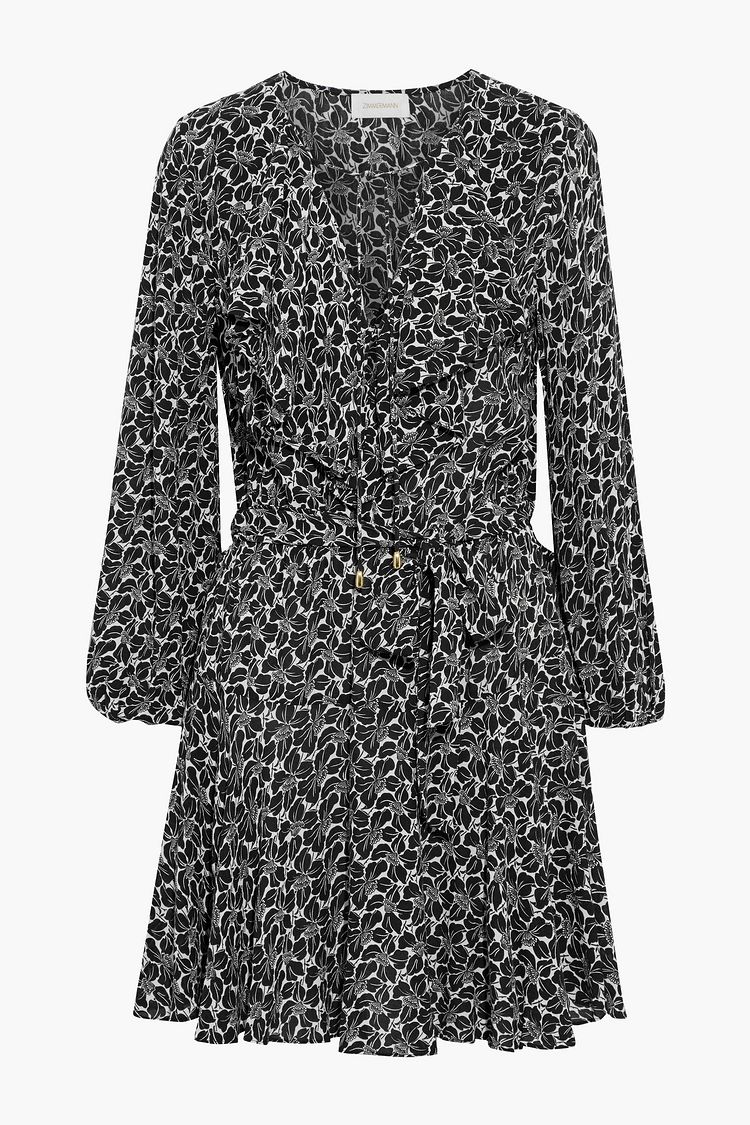 Black Cascade Ruffled Floral Print Crepe Mini Dress Sale Up To 70