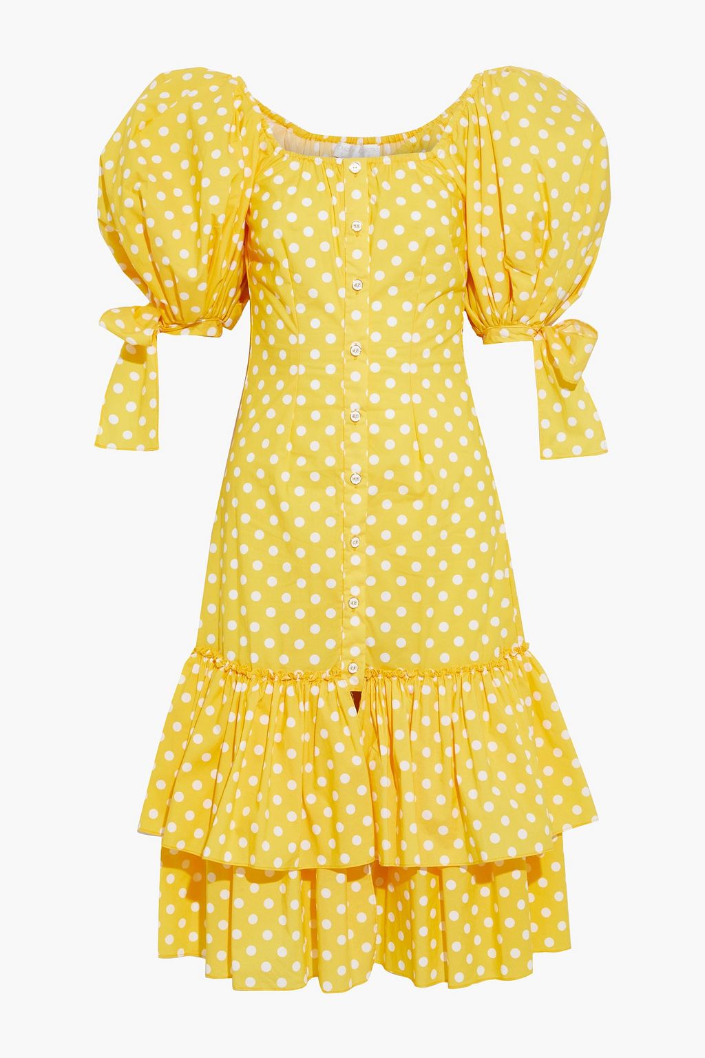 Yellow Nella Tiered Polka Dot Cotton Blend Poplin Midi Dress Caroline