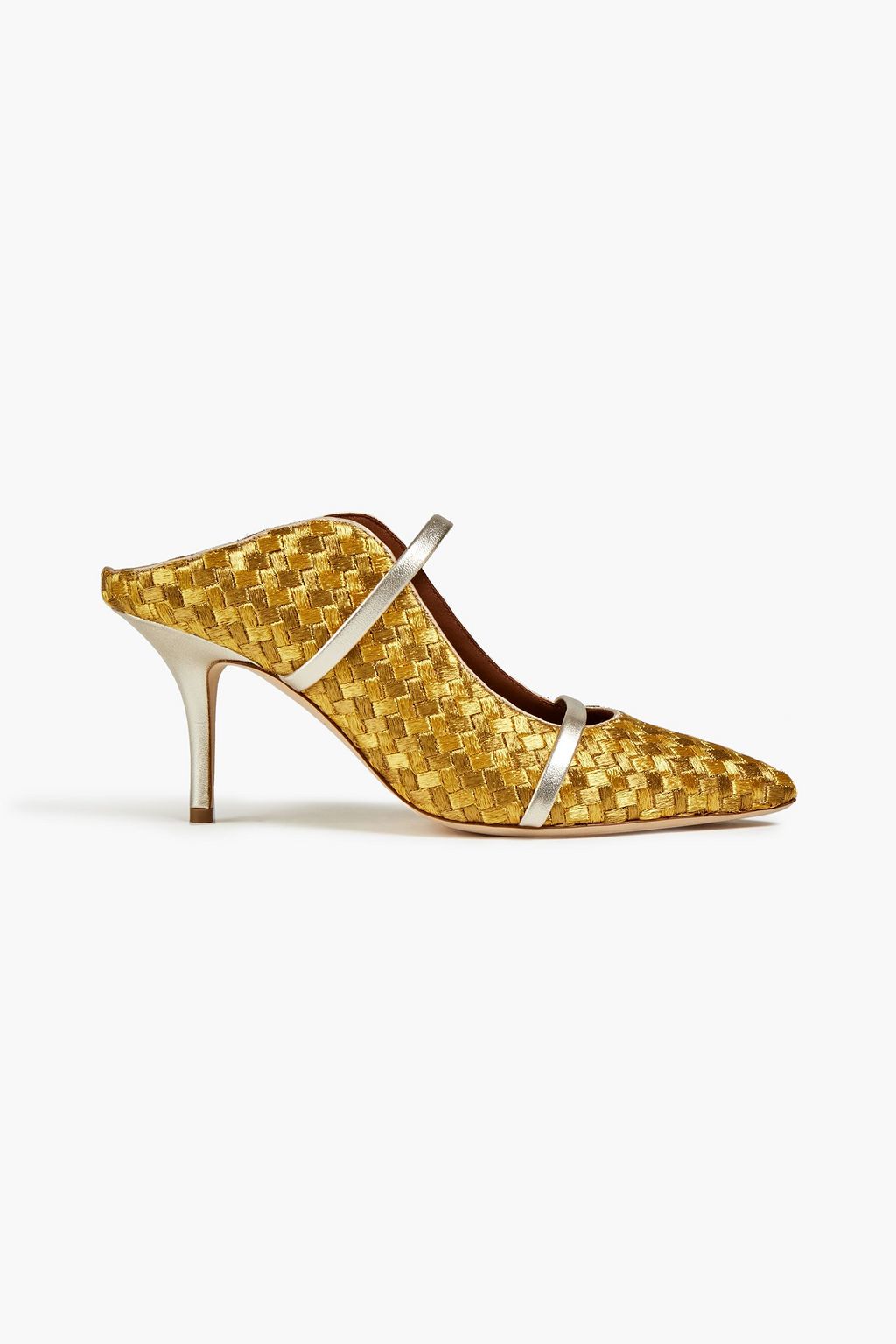 MALONE SOULIERS Maureen 70 metallic leather-trimmed woven satin mules ...