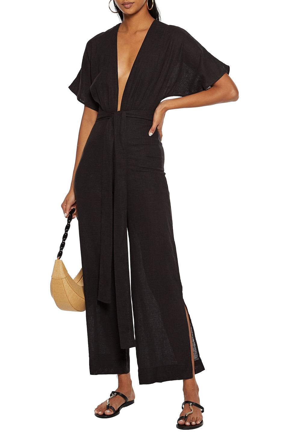 Vix Paula Hermanny Bruna Belted Linen-blend Jumpsuit In Black | ModeSens