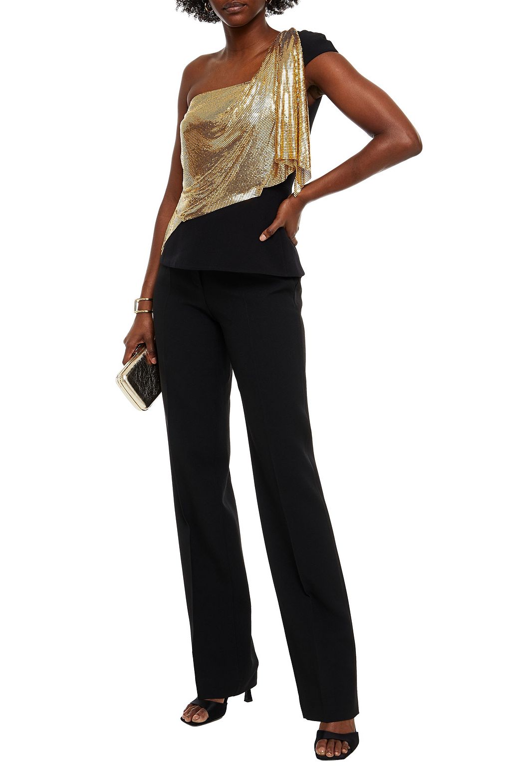 Safiyaa Meraki One Shoulder Layered Chainmail And Crepe Peplum Top