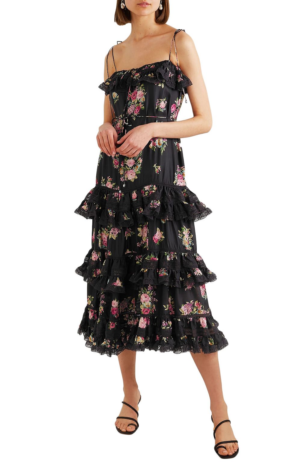 Zimmermann Honour Tiered Floral Print Silk Crepe De Chine Midi Dress