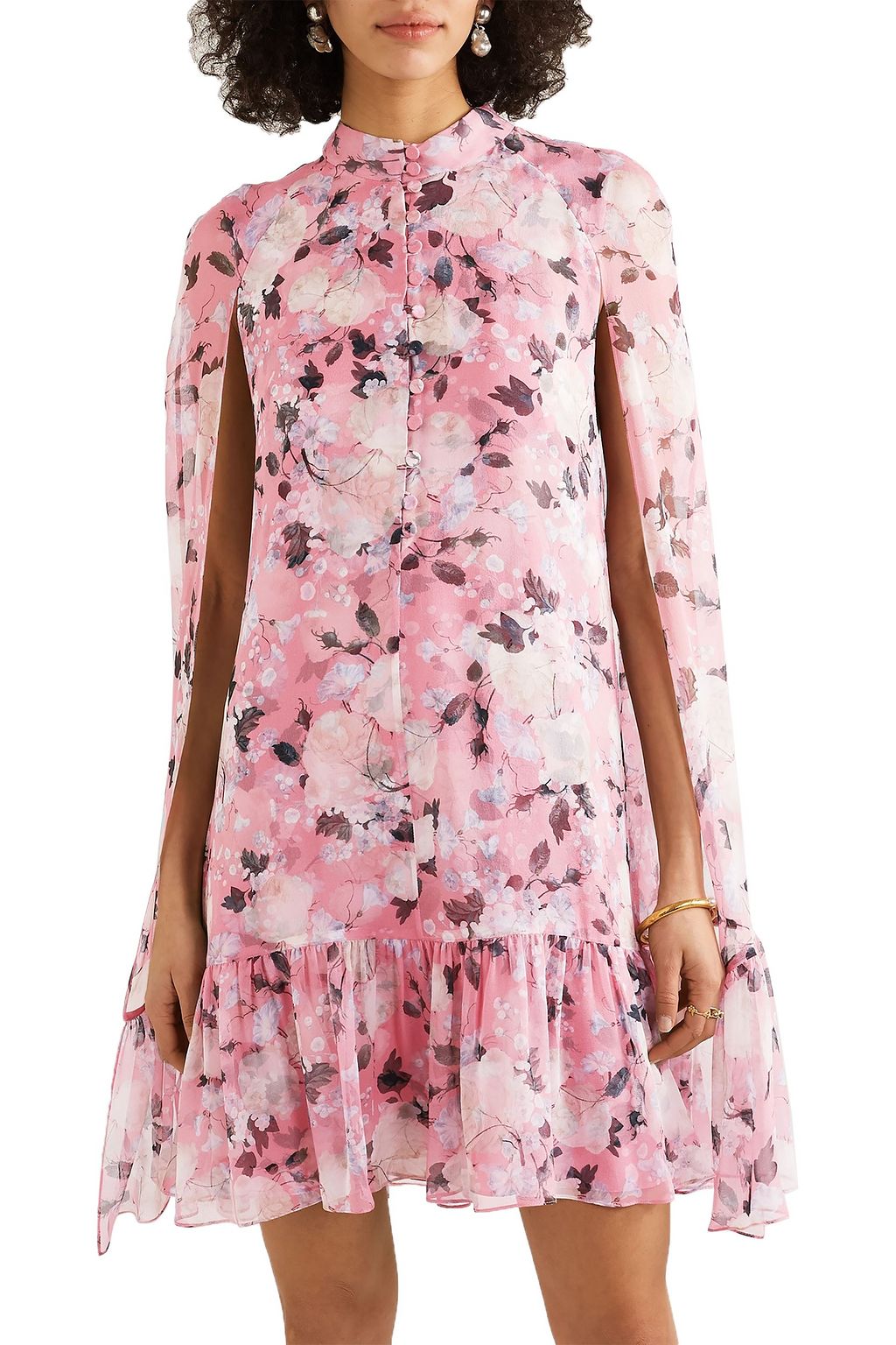 Erdem Constantine Cape Effect Floral Print Silk Chiffon Mini Dress