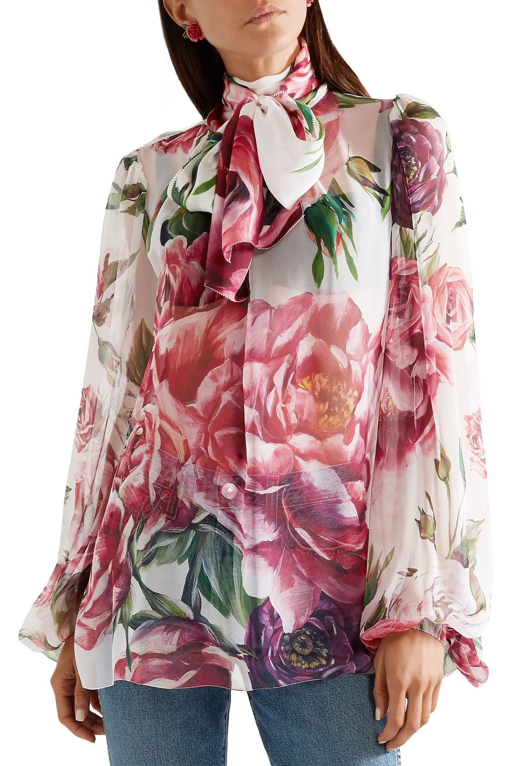Dolce And Gabbana Pussy Bow Floral Print Silk Chiffon Blouse The Outnet
