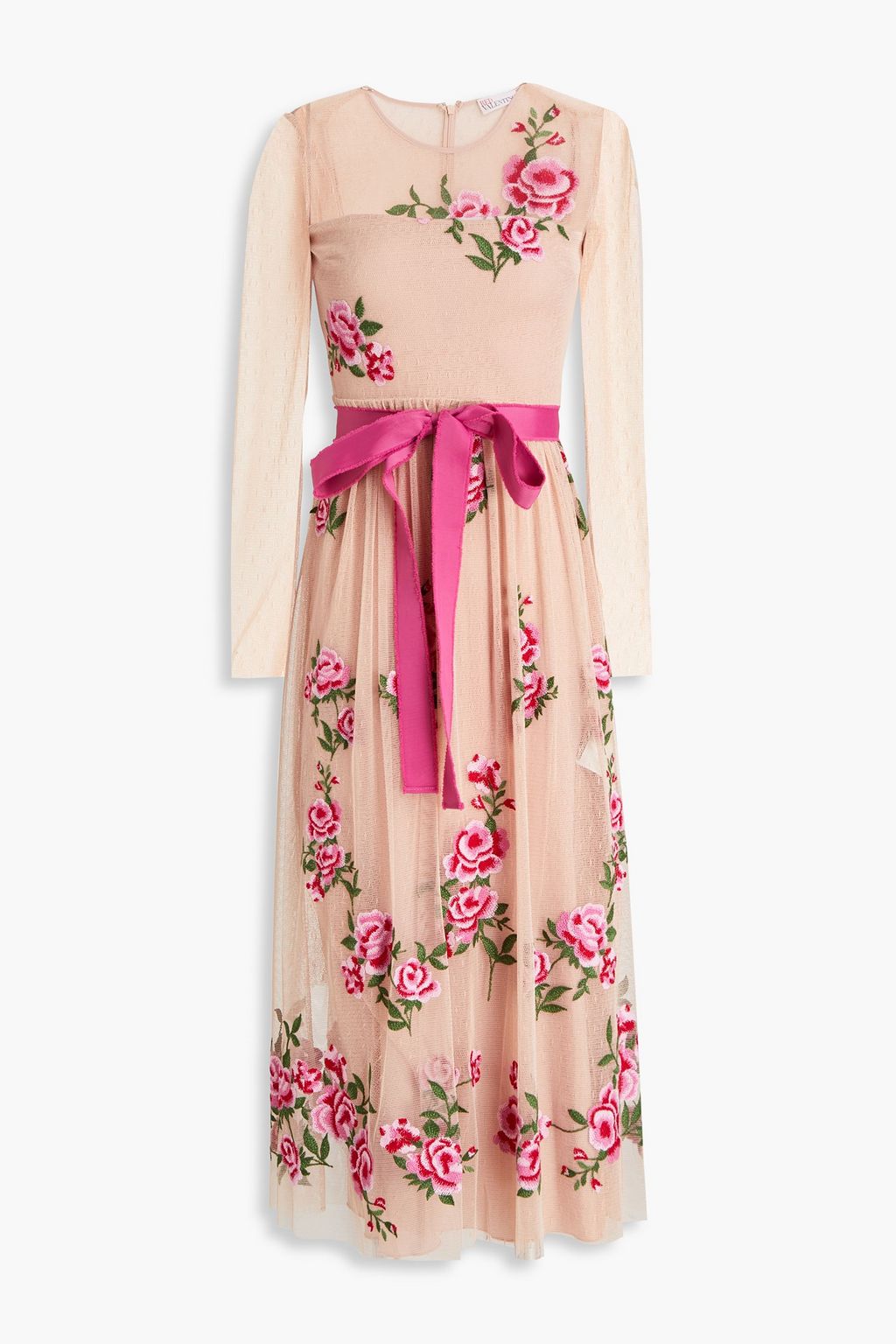Redvalentino Belted Embroidered Tulle And Point Desprit Midi Dress