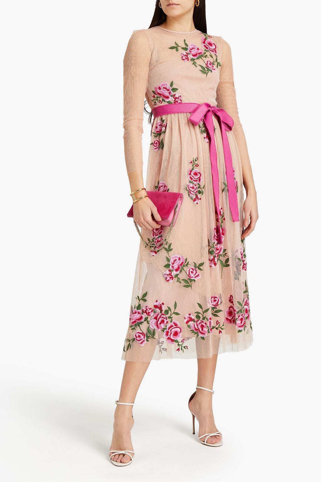 Redvalentino Belted Embroidered Tulle And Point Desprit Midi Dress