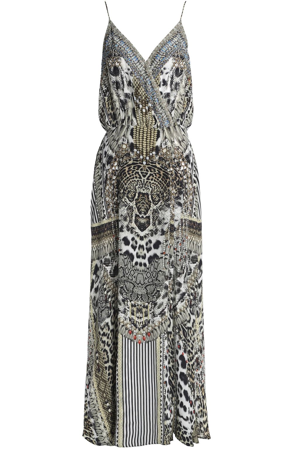 CAMILLA Animal Instinct wrap-effect embellished printed silk crepe de ...