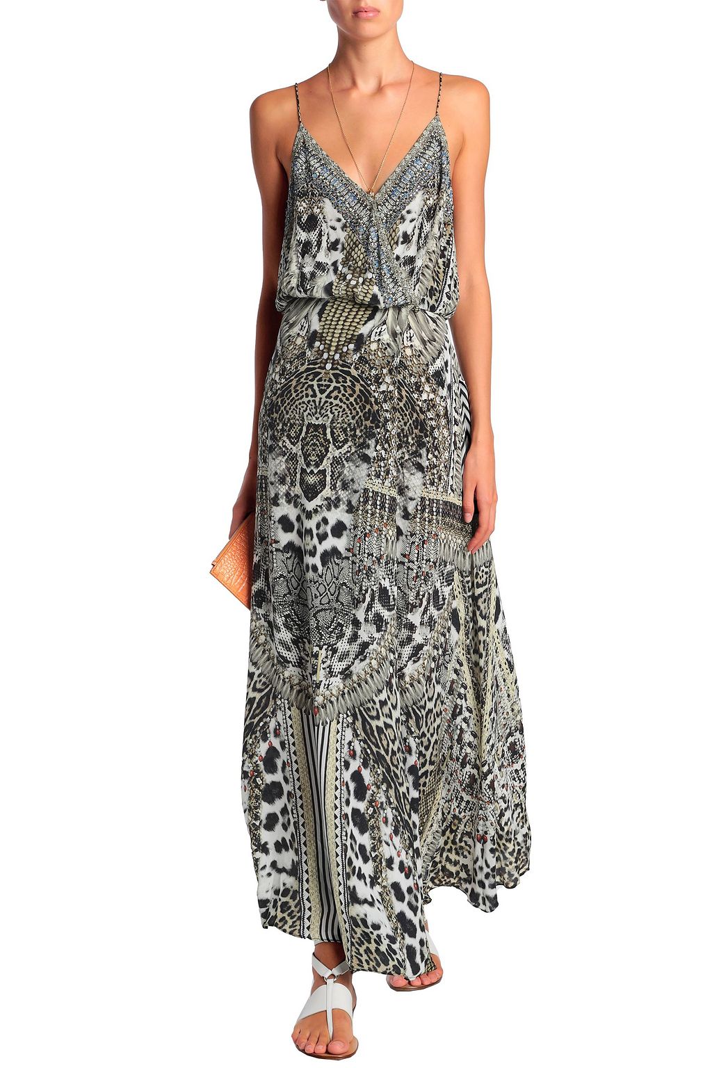 CAMILLA Animal Instinct wrap-effect embellished printed silk crepe de ...