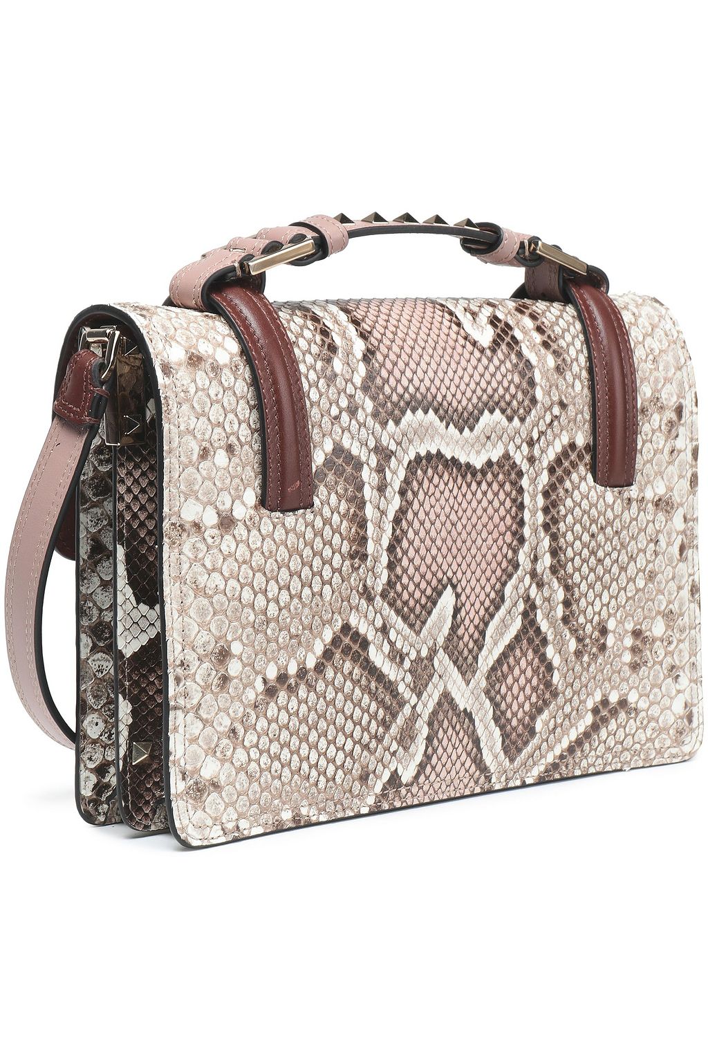 VALENTINO GARAVANI Studded smooth and snake-effect leather shoulder bag ...