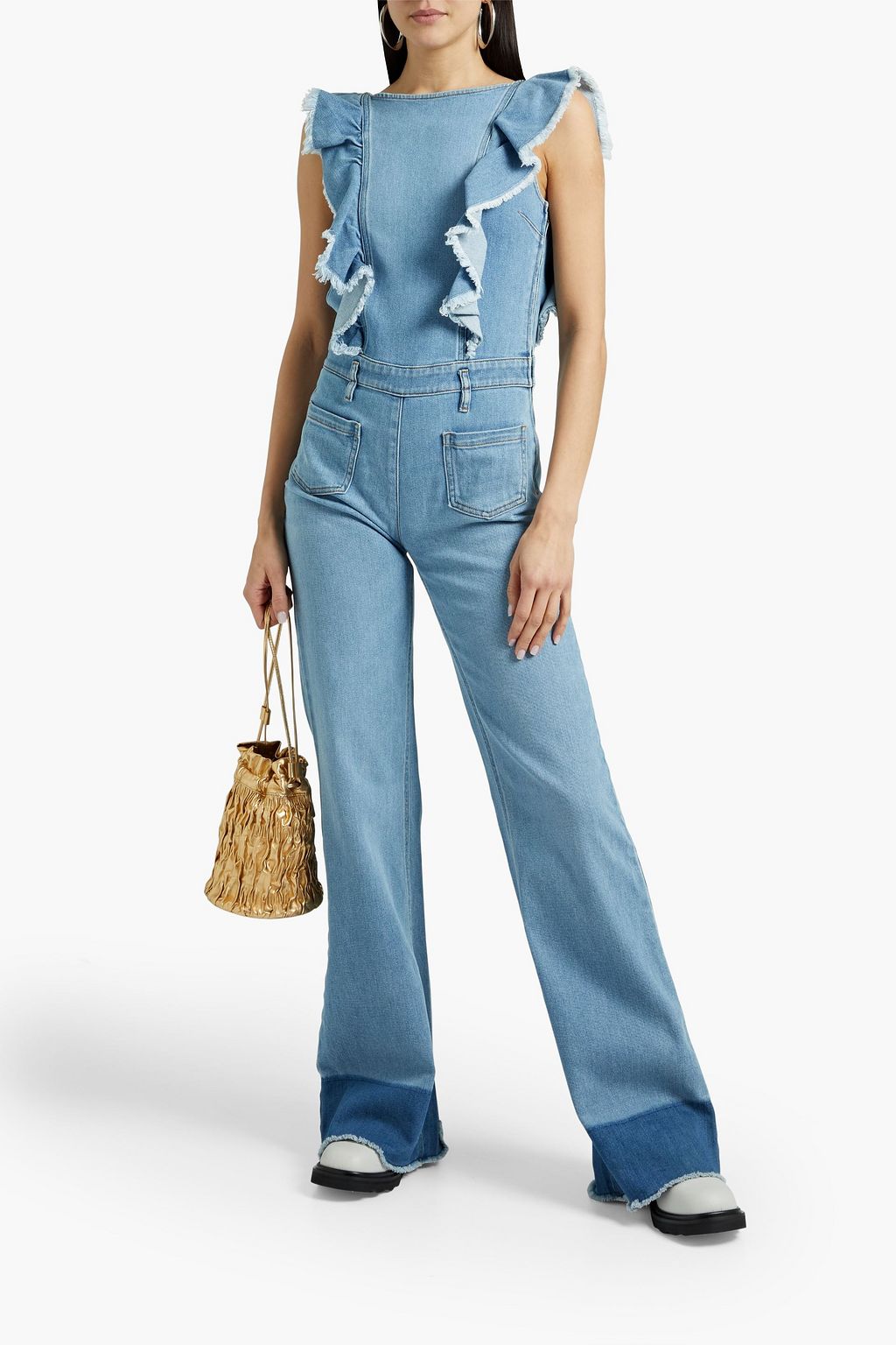 REDVALENTINO Open-back ruffled appliquéd denim jumpsuit | THE OUTNET
