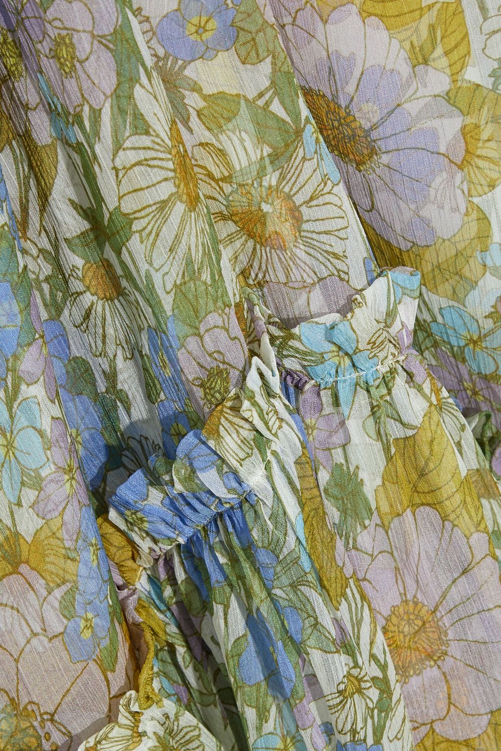 Zimmermann Super Eight Pussy Bow Smocked Floral Print Silk Chiffon Midi