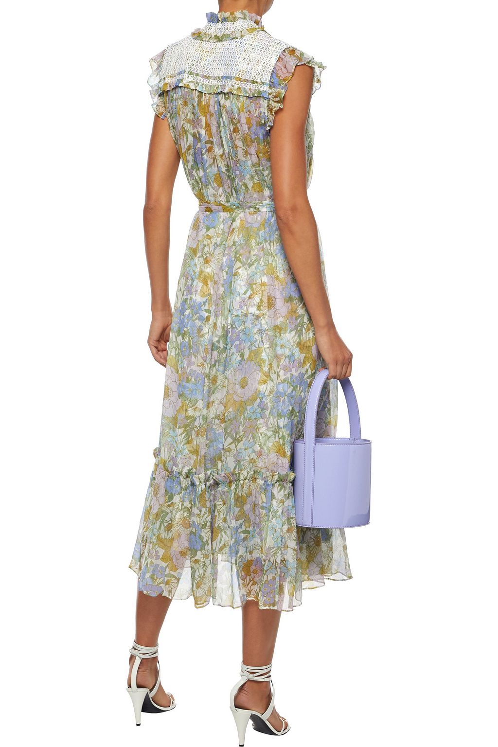 Sage Green Super Eight Pussy Bow Smocked Floral Print Silk Chiffon Midi