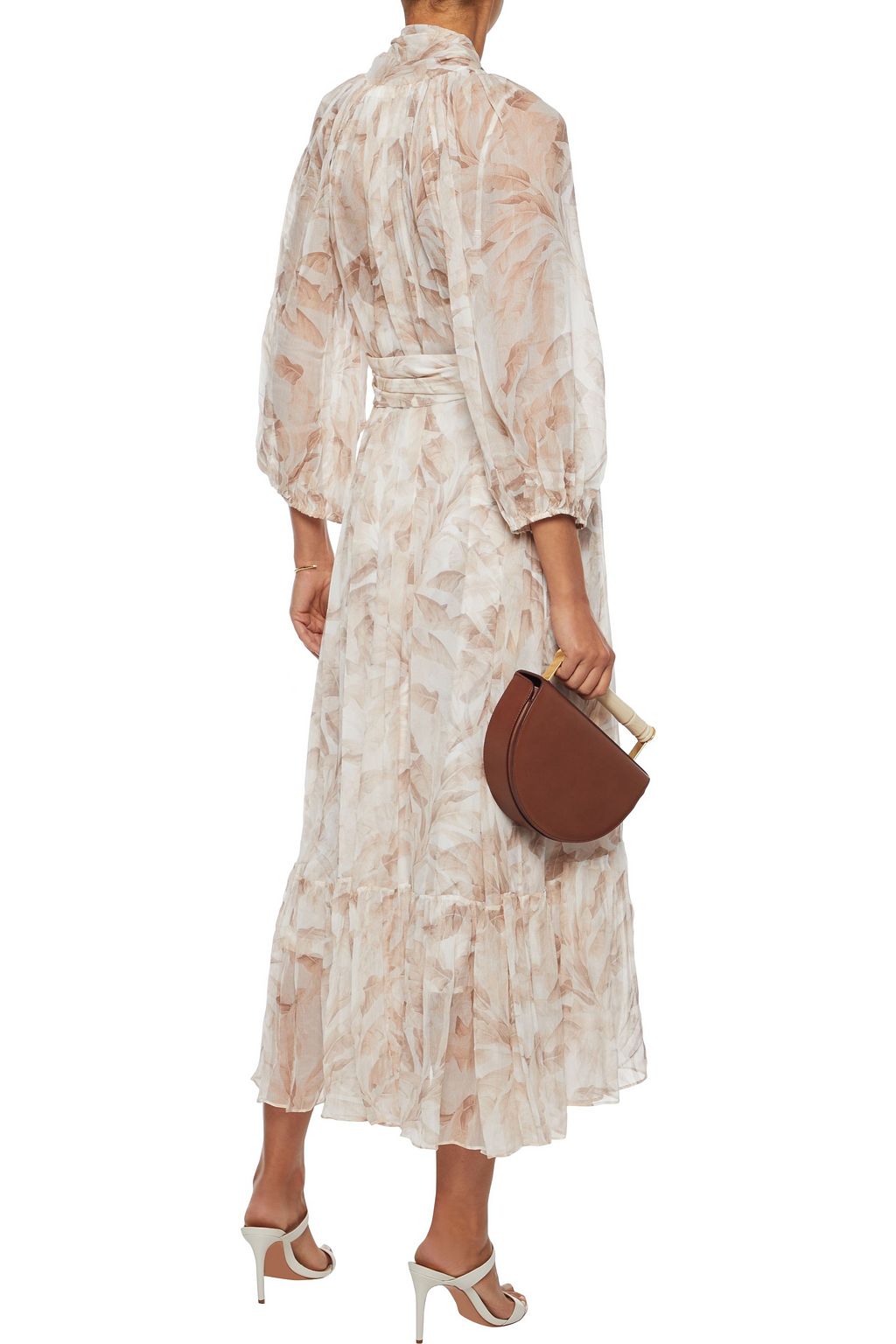 Zimmermann Super Eight Belted Pussy Bow Printed Silk Chiffon Midi Dress