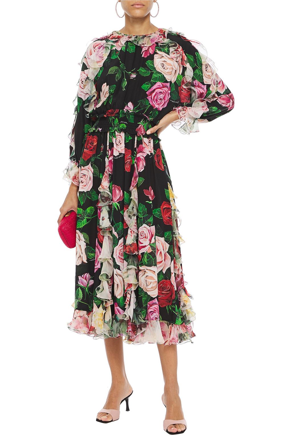 Dolce And Gabbana Ruffled Floral Print Silk Crepe De Chine Midi Dress