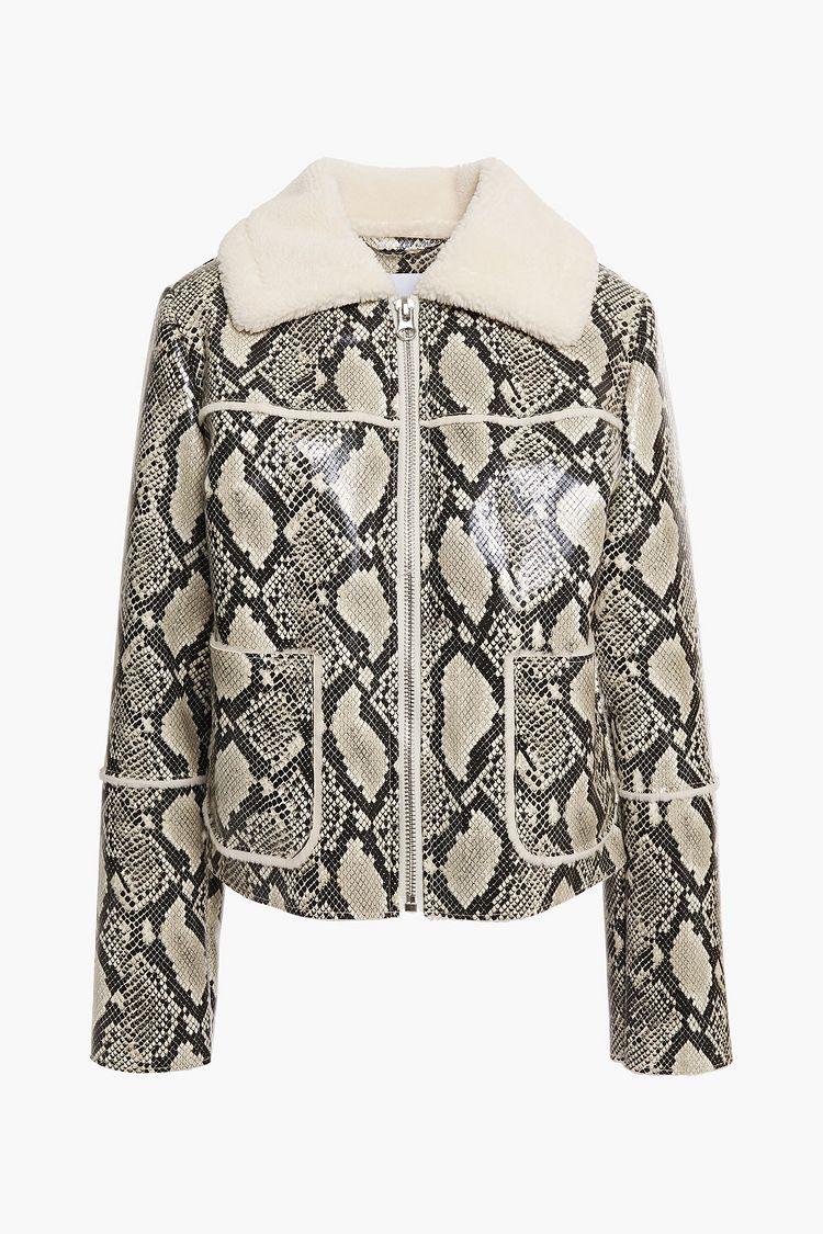 STAND STUDIO May faux fur-trimmed faux snake-effect leather jacket ...