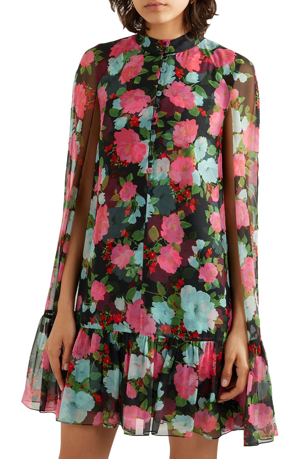 Erdem Constantine Cape Effect Floral Print Silk Chiffon Mini Dress