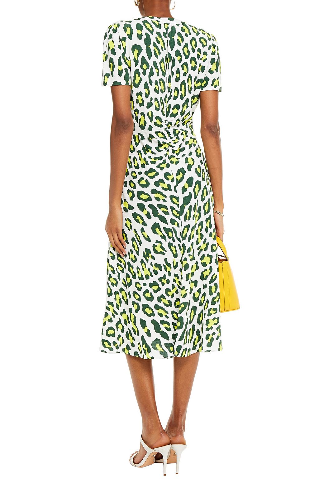 Diane Von Furstenberg Cecilia Ruched Leopard Print Crepe Midi Dress