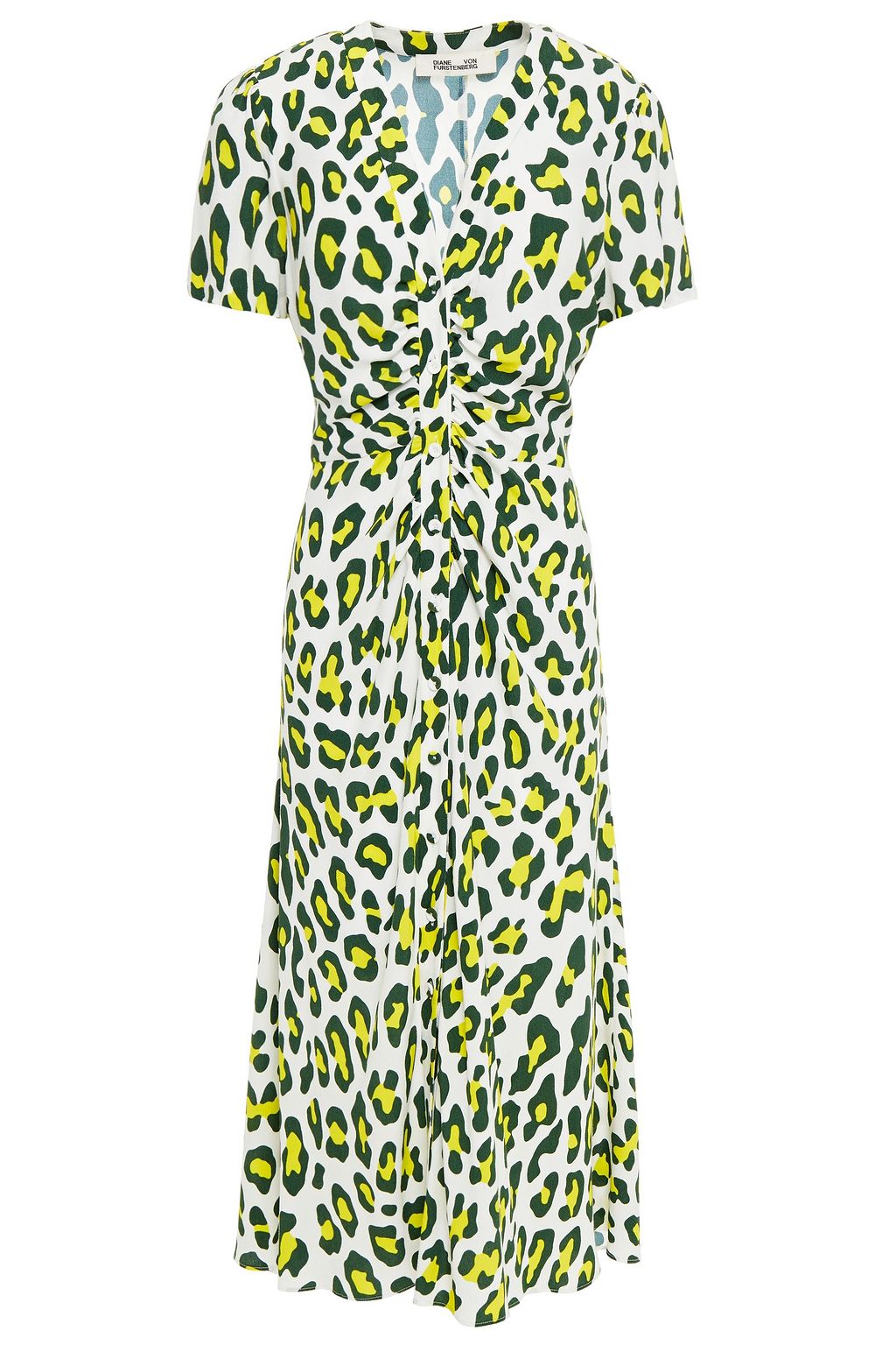 Diane Von Furstenberg Cecilia Ruched Leopard Print Crepe Midi Dress
