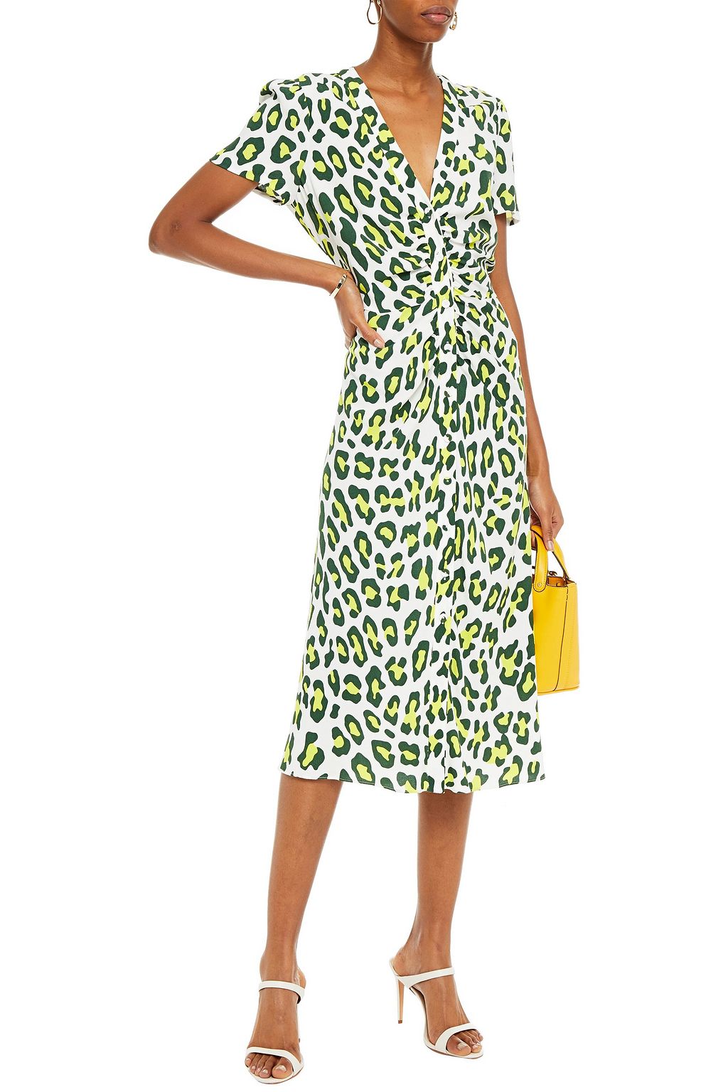 Diane Von Furstenberg Cecilia Ruched Leopard Print Crepe Midi Dress