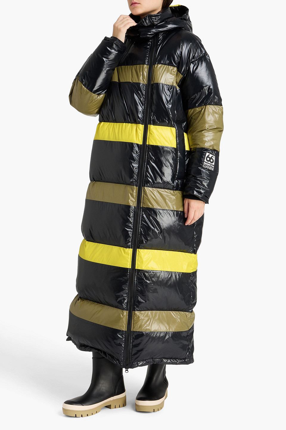 Ganni Askja Quilted Striped Shell Hooded Down Coat In Black | ModeSens