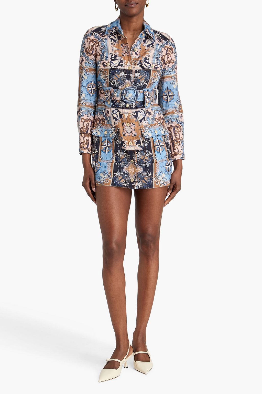 ZIMMERMANN Belted printed linen mini shirt dress | THE OUTNET