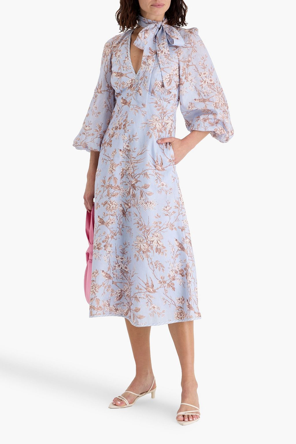 ZIMMERMANN Pussy-bow floral-print linen midi dress | THE OUTNET