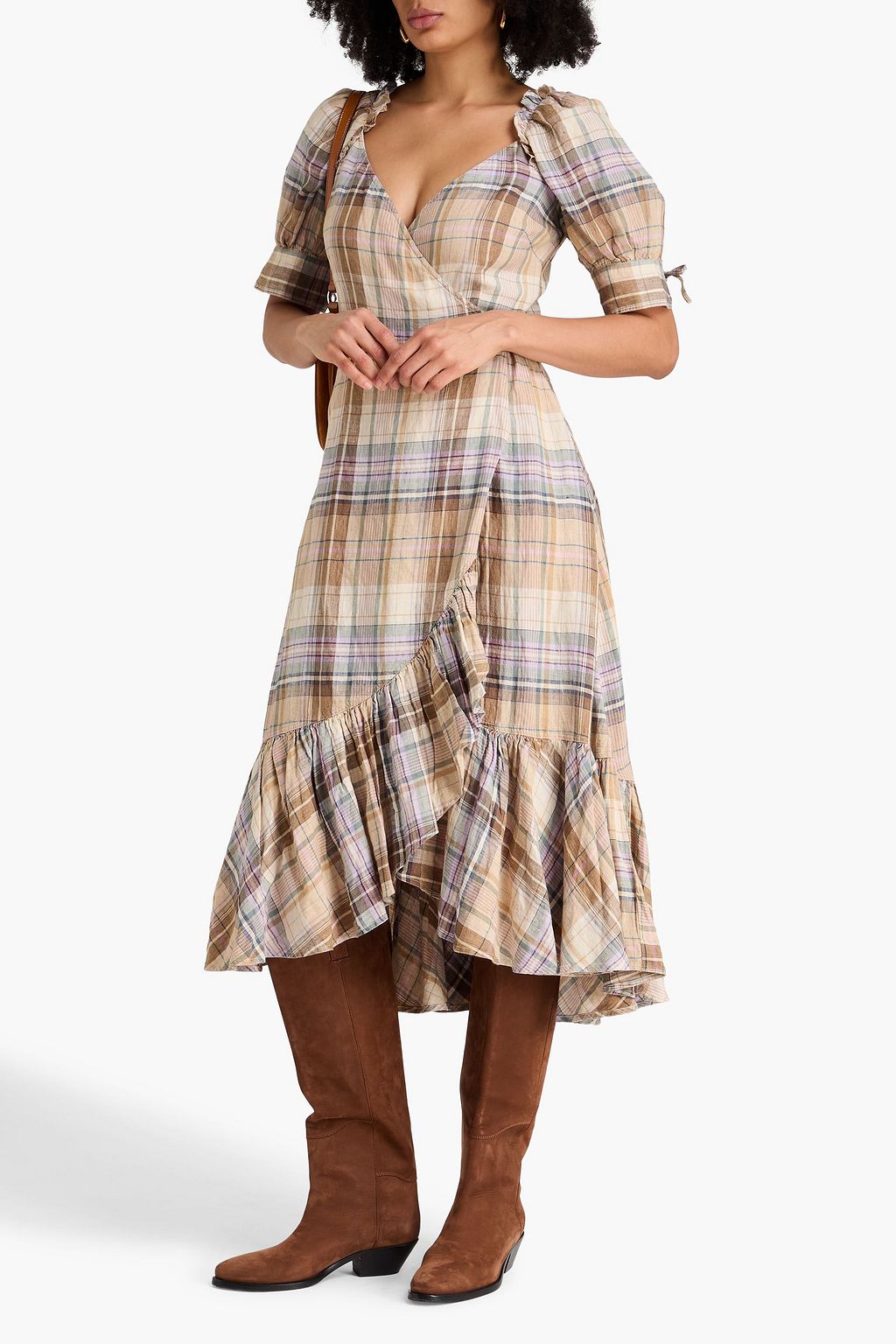 POLO RALPH LAUREN Ruffled checked linen midi wrap dress | THE OUTNET