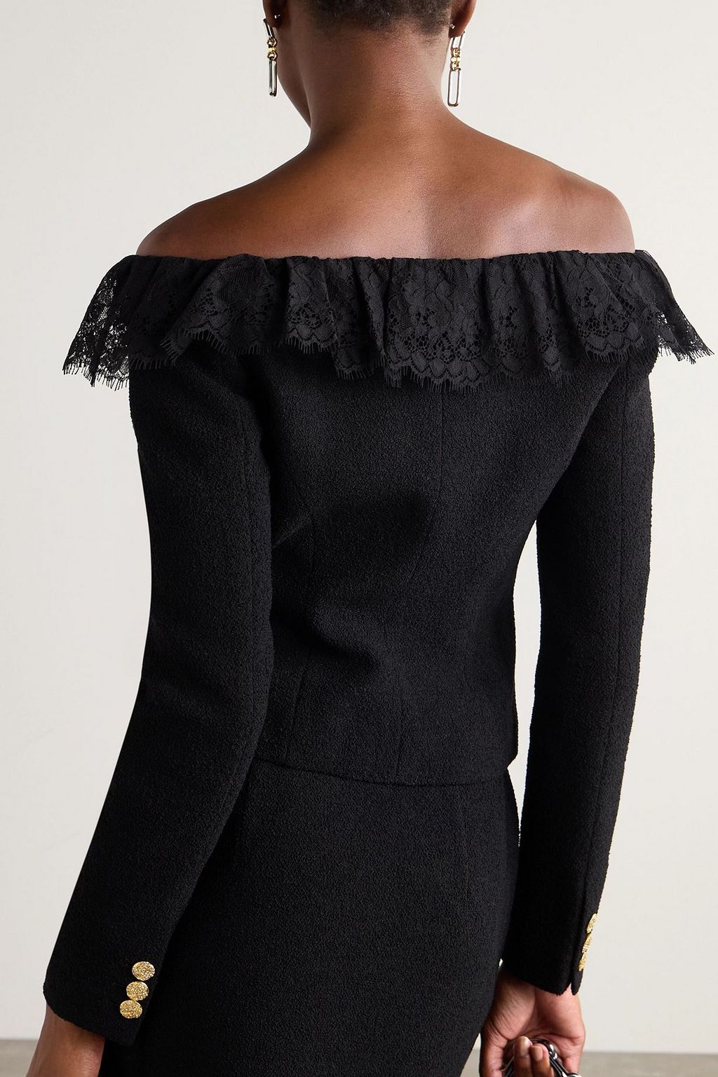 ALESSANDRA RICH Off-the-shoulder crystal-embellished lace-trimmed wool ...