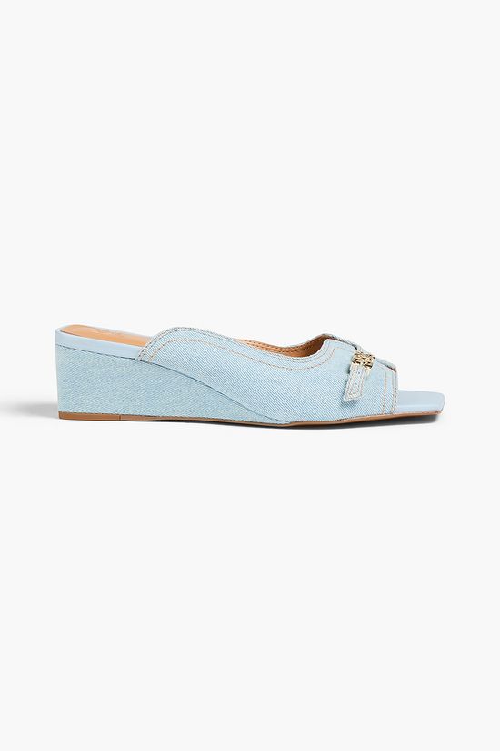 GANNI Embellished denim wedge mules | THE OUTNET