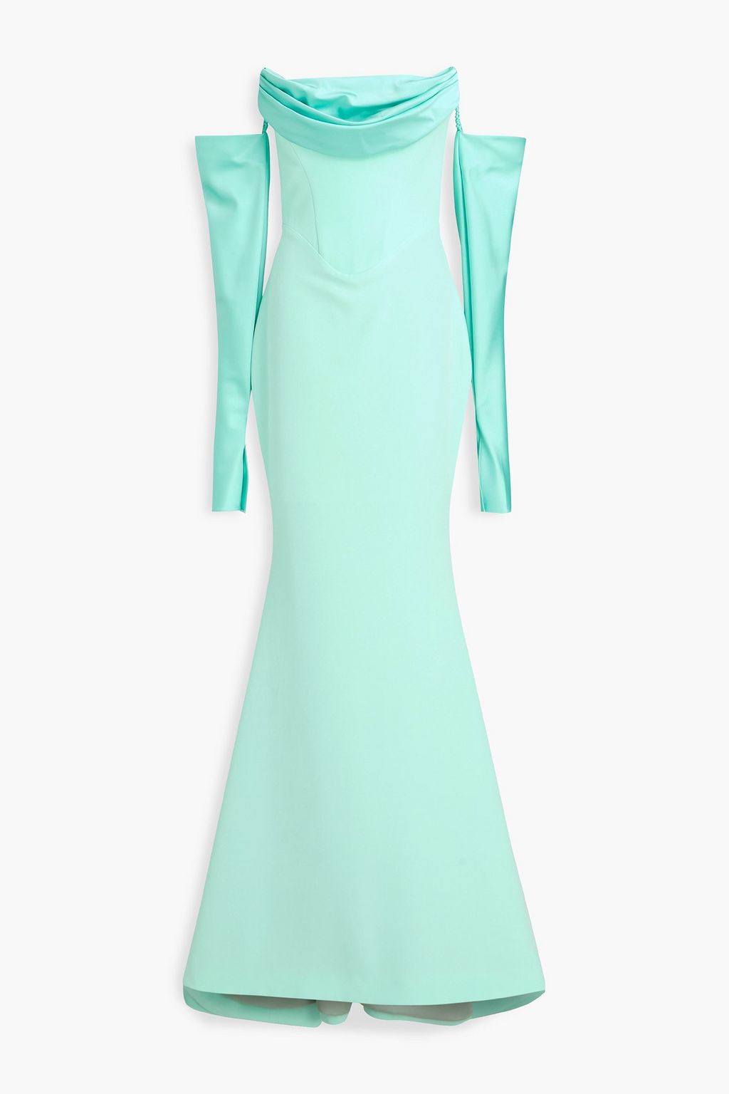 RHEA COSTA Raven off-the-shoulder draped satin-trimmed crepe gown | THE ...