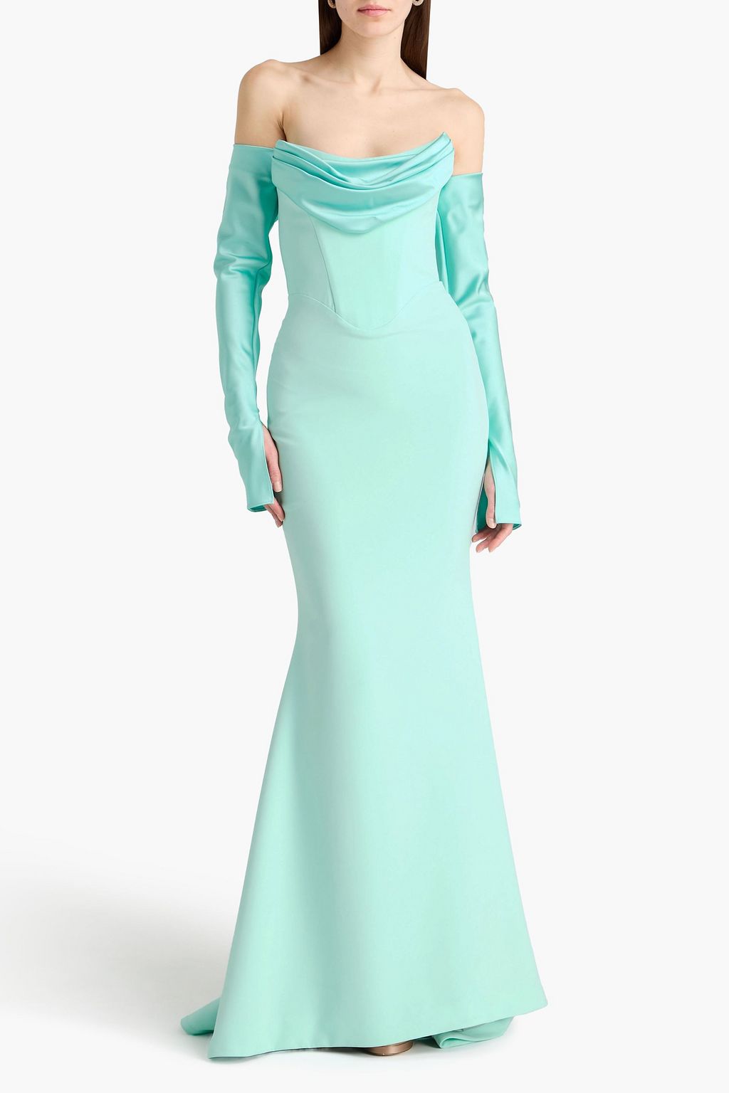 RHEA COSTA Raven off-the-shoulder draped satin-trimmed crepe gown | THE ...