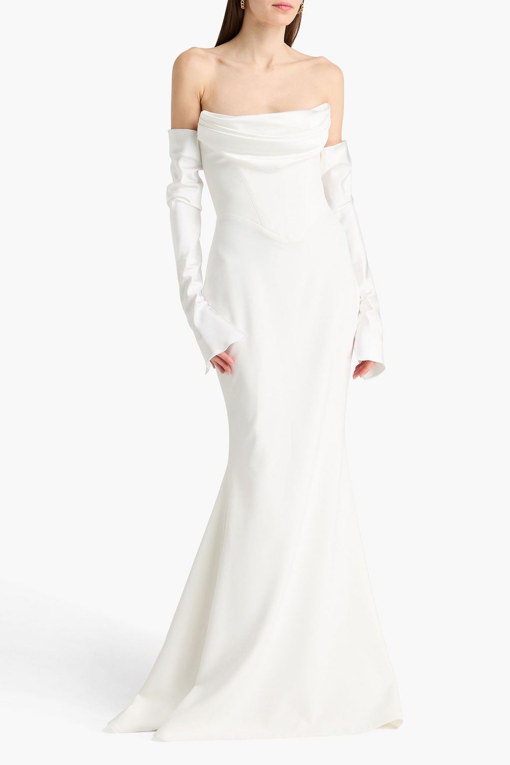 RHEA COSTA Raven off-the-shoulder draped satin-trimmed crepe gown | THE ...