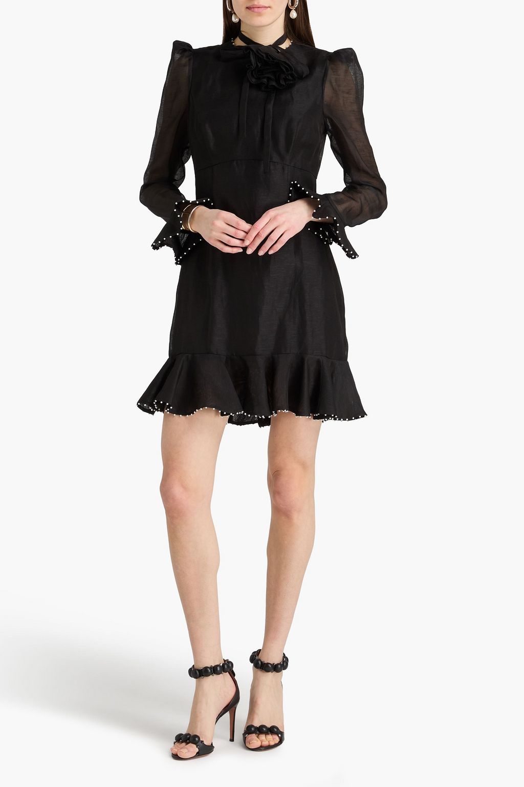ZIMMERMANN Ruffled embellished linen and silk blend-gauze mini dress ...
