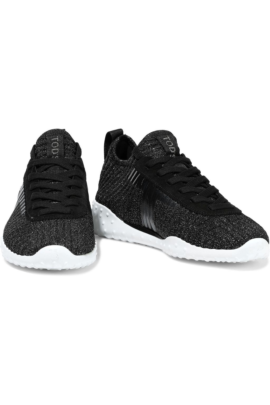 TOD'S Suede-trimmed metallic stretch-knit sneakers | THE OUTNET