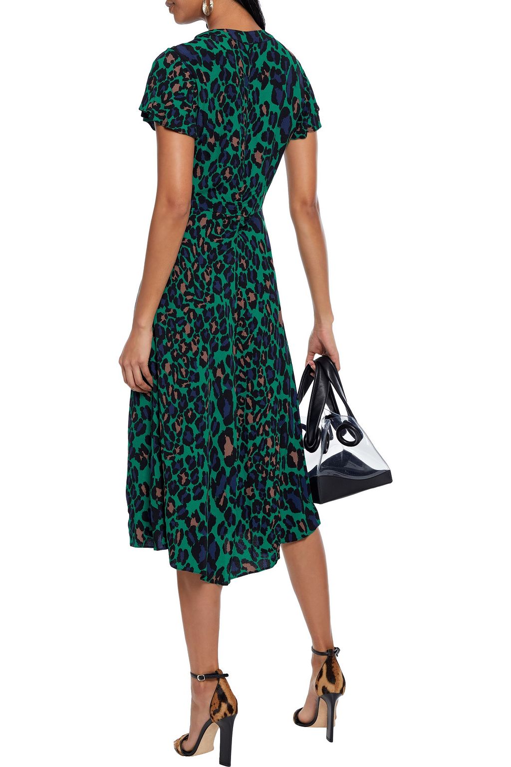 Diane Von Furstenberg Cecilia Ruched Leopard Print Crepe Midi Dress