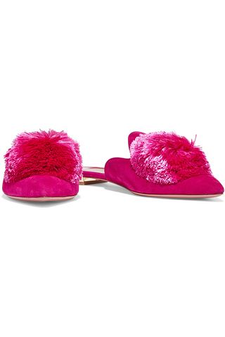 AQUAZZURA Powder Puff pompom-embellished suede slippers | THE OUTNET
