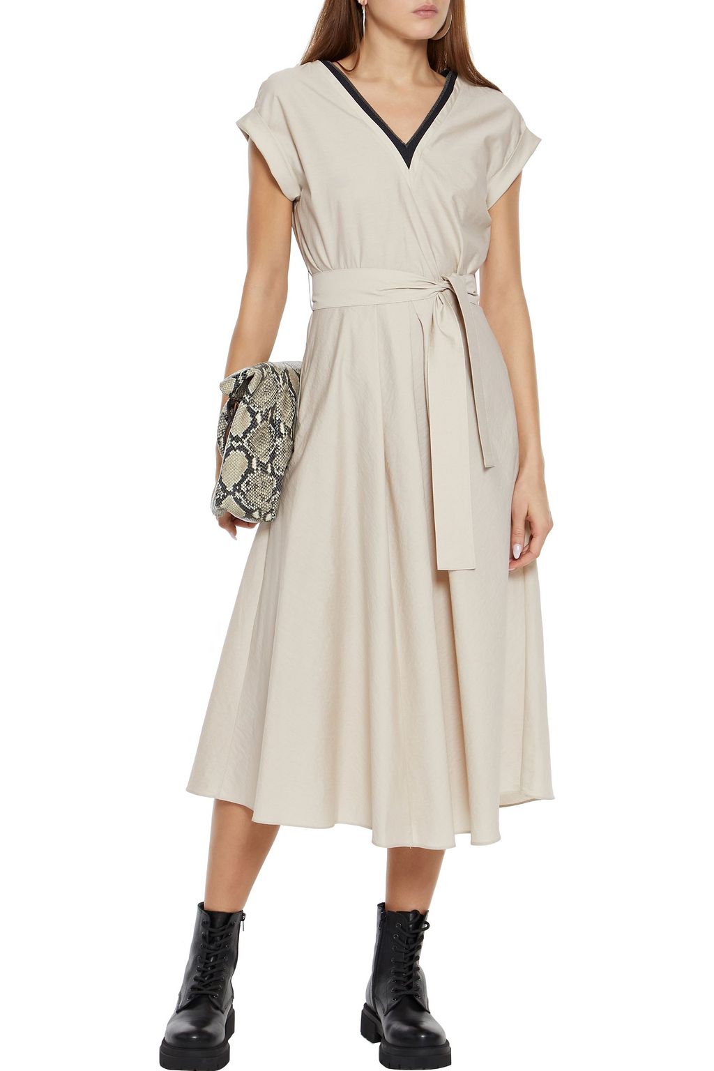 Brunello Cucinelli Belted Bead Embellished Crinkled Cotton Blend Midi