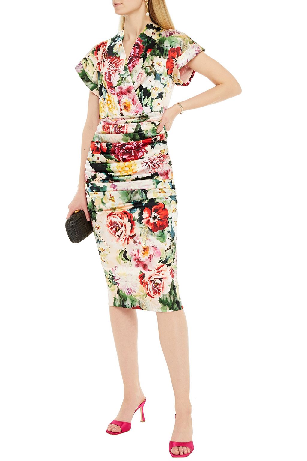 Dolce And Gabbana Ruched Floral Print Silk Blend Satin Midi Dress The
