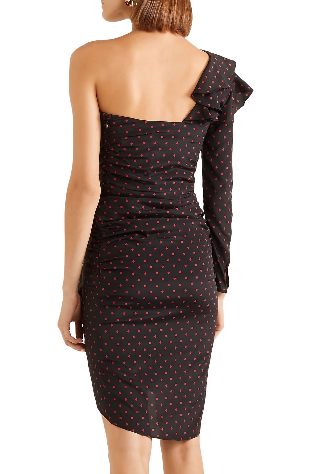 Veronica Beard Leona One Shoulder Ruffled Ruched Polka Dot Silk Dress