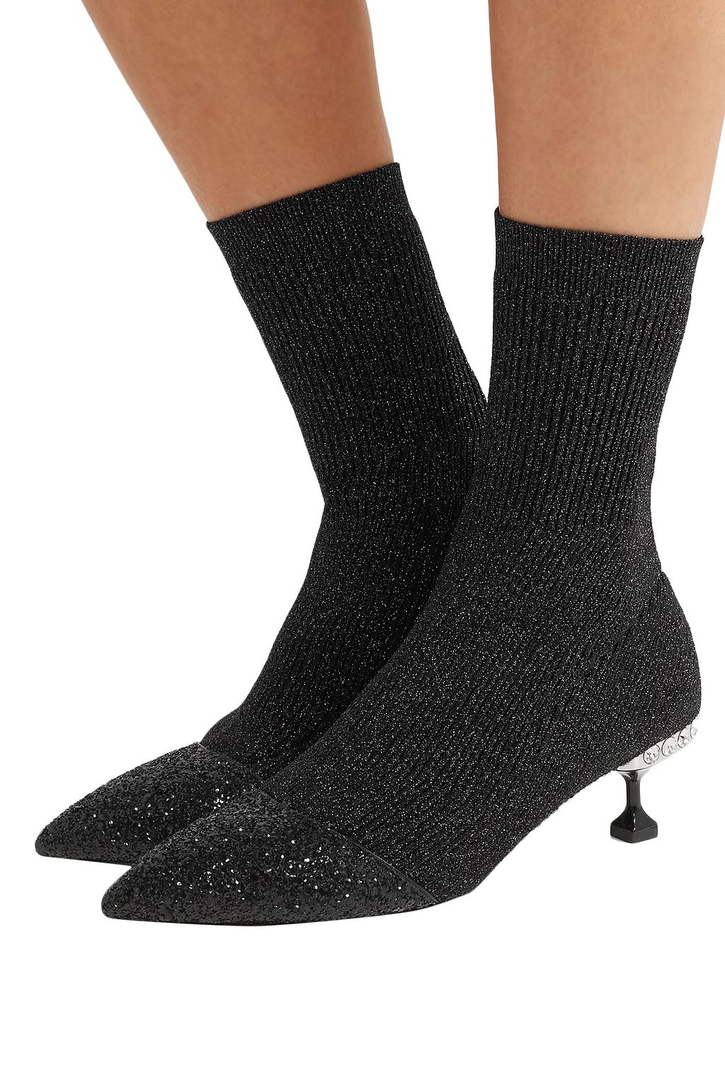 MIU MIU Glittered metallic ribbed-knit sock boots | THE OUTNET