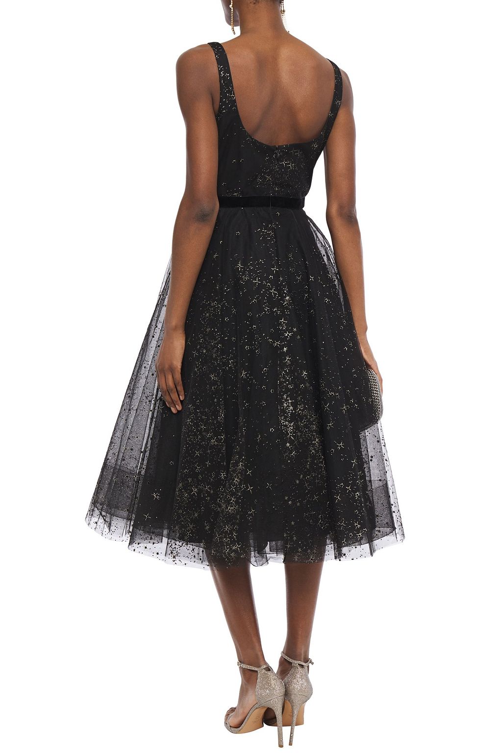 Marchesa Notte Velvet Trimmed Glitter Embellished Flocked Tulle Midi