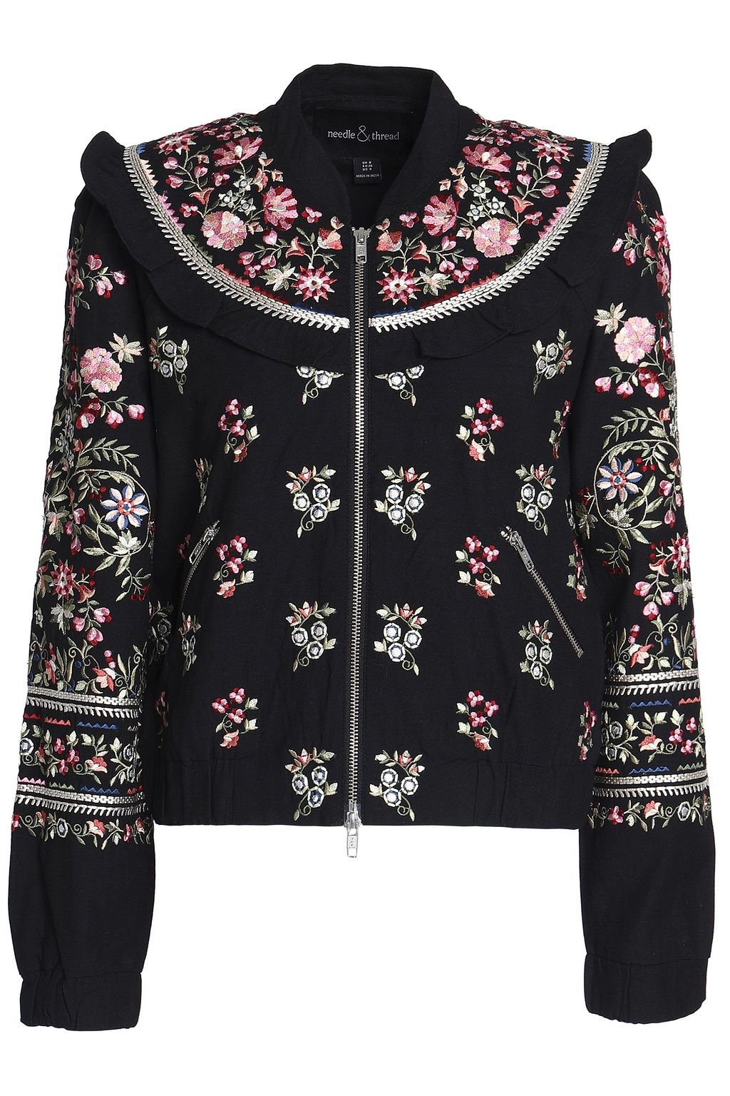 NEEDLE & THREAD Ruffle-trimmed embroidered cotton bomber jacket | THE ...