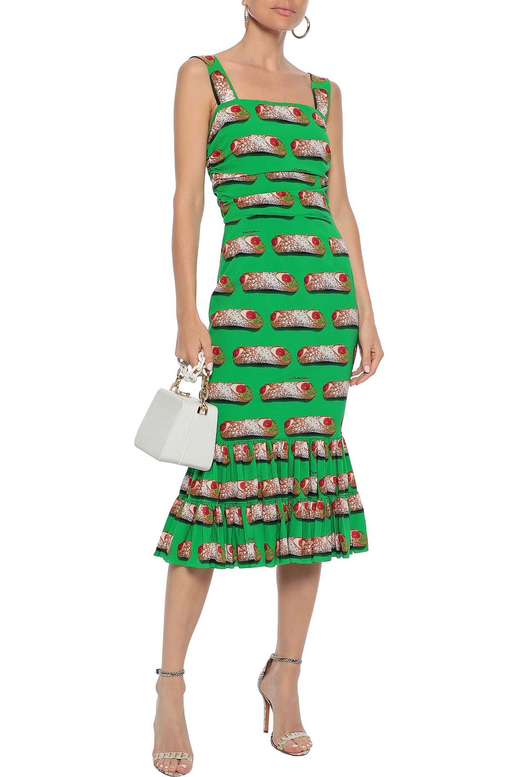 Dolce And Gabbana Fluted Ruched Printed Silk Blend Crepe Midi Dress