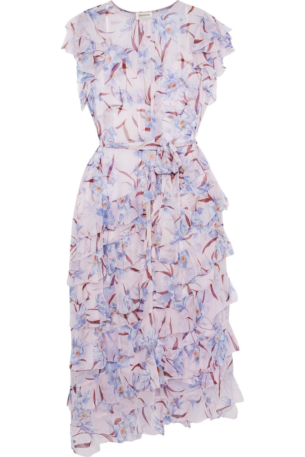 Zimmermann Corsage Flutter Tiered Floral Print Silk Chiffon Midi Dress